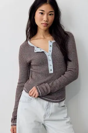 Free People We The Free Hudson Striped Cashmere Henley - Pale Blue Combo