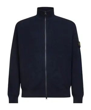Stone Island Ribbed Stand-up Collar Cardigan - Navy