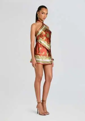 Retrofete Adelaide Silk Halterneck Mini Dress - Rust Paisley