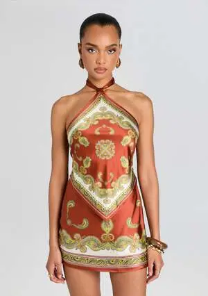 Retrofete Adelaide Silk Halterneck Mini Dress - Rust Paisley