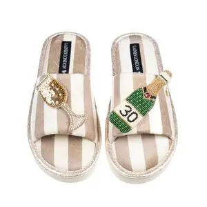 LAINES LONDON Neutrals / Flatform Stripe Open Toe Slippers With Champagne 30th Birthday Brooches Beige & Cream - White