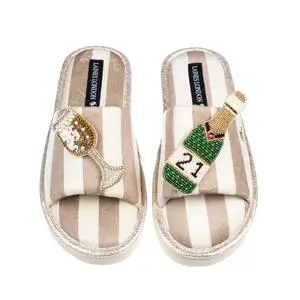 LAINES LONDON Neutrals / Flatform Stripe Open Toe Slippers With Champagne 21st Birthday Brooches Beige & Cream - White