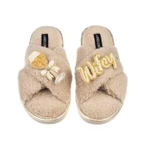 LAINES LONDON Embellished Boucle Slippers - Brown/gold