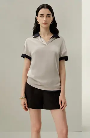 Lilysilk Washable Silk Charmeuse Polo Top - Silvergray