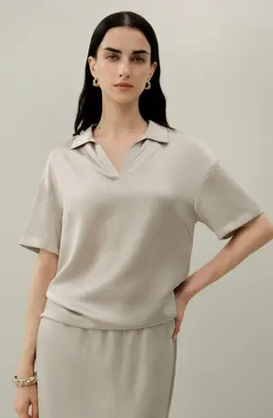 Lilysilk Washable Silk Charmeuse Polo Top - Silvergray