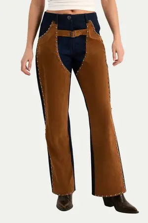 Nasty Gal Denim And Suedette Mix Chap Jeans - Indigo