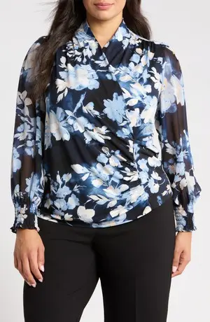 Anne Klein Floral Mixed Media Faux Wrap Blouse