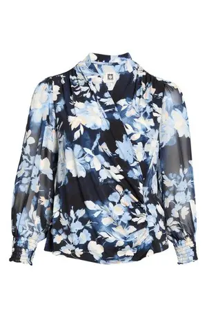 Anne Klein Floral Mixed Media Faux Wrap Blouse
