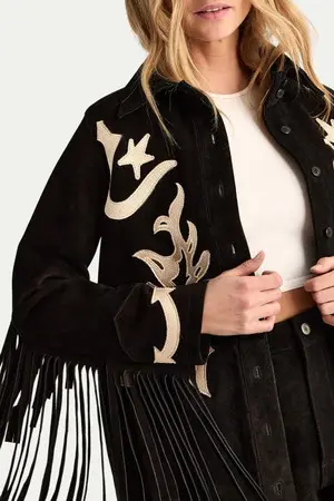 Nasty Gal Real Suede Embroidered Western Shirt With Fringe Detailing