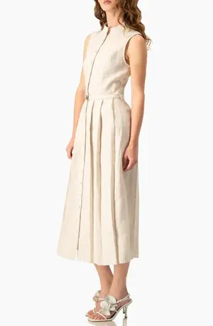IVONNE Linen Belted Midi Shirtdress With Band Collar