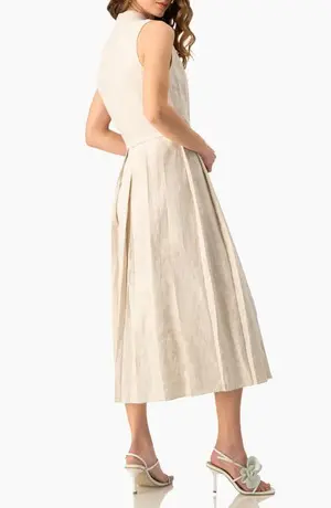 IVONNE Linen Belted Midi Shirtdress With Band Collar