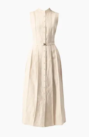 IVONNE Linen Belted Midi Shirtdress With Band Collar