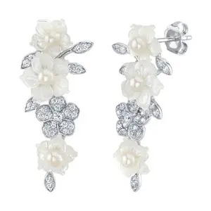 The Pearl Source White Freshwater Pearl & Mother Of Pearl Flower Magnolia Earrings - Sterling Silver