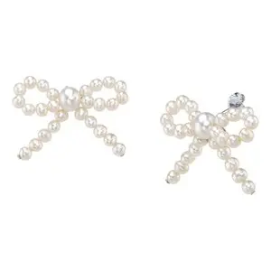 The Pearl Source White Freshwater Pearl Bow Earrings - Sterling Silver