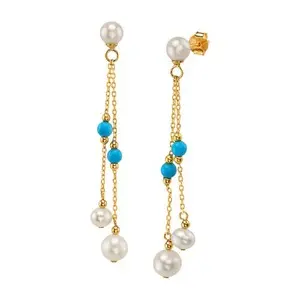 The Pearl Source Freshwater Pearl And Turquoise Drop Earrings - Yellow Gold Fill