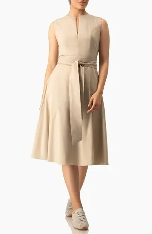 IVONNE Sleeveless Belted Split Neck A-line Midi Dress With Sash - Beige