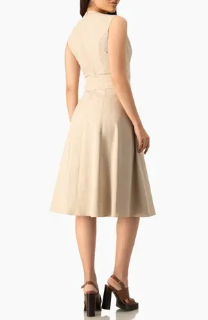 IVONNE Sleeveless Belted Split Neck A-line Midi Dress With Sash