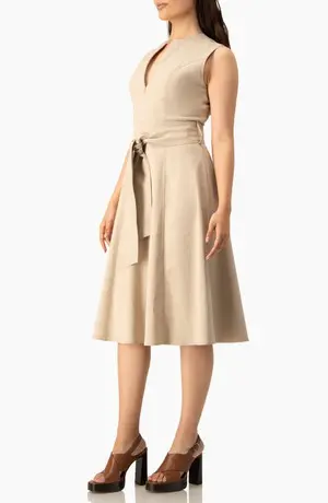 IVONNE Sleeveless Belted Split Neck A-line Midi Dress With Sash