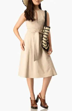 IVONNE Sleeveless Belted Split Neck A-line Midi Dress With Sash