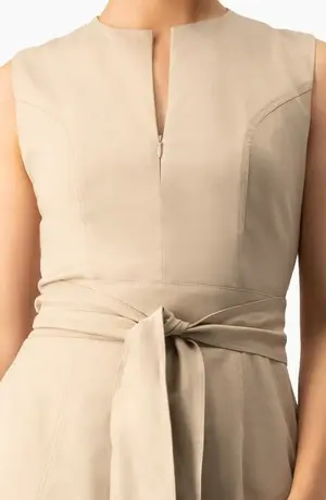 IVONNE Sleeveless Belted Split Neck A-line Midi Dress With Sash