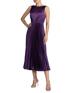 Mac Duggal Sleeveless High Neck Pleated Midi Dress - Purple