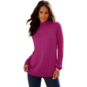 Roaman's Plus Size Drop Needle Mockneck Lightweight Sweater Knit Raspberry