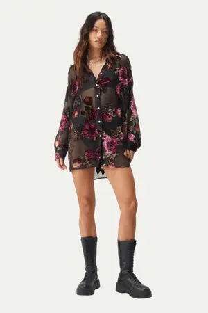 Nasty Gal Devore Oversized Sheer Floral Shirt