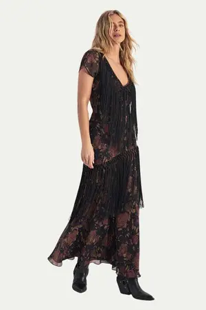 Nasty Gal Floral Chiffon Fringe Maxi Dress