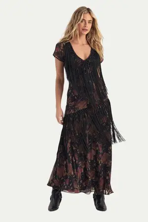 Nasty Gal Floral Chiffon Fringe Maxi Dress - Black