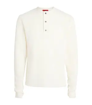 424 Waffle-knit Long-sleeve Henley Top - White