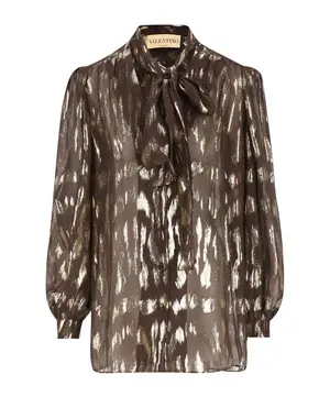 Valentino Garavani Long Sleeve Tie Neck Printed Shirt - Brown