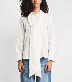 Maje Embellished Cotton Shirt With Tie Neck Detail