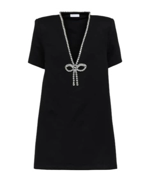 AREA Crystal Bow Embellished V-neck Jersey T-shirt Dress