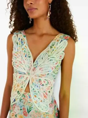 Farm Rio Renderia Butterfly-appliqué Floral-print Midi Dress - Blue