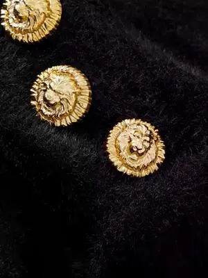 Balmain Fuzzy High Neck Long Sleeve Dress With Lion Head Buttons