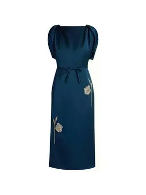 Erdem Embroidered Satin Midi Dress - Blue