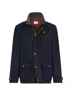 Brunello Cucinelli Virgin Wool Cloth Field Jacket With Nappa Leather Inserts - Blue