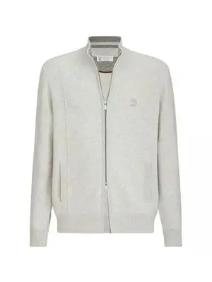 Brunello Cucinelli Cashmere Double Knit Cardigan With Zipper And Logo - Grey