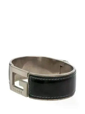 Gucci 1990-2000 Leather And Brass G Cuff Bracelet Costume Bracelet - Black