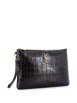Saint Laurent Classic Monogram Tablet Wristlet Pouch Crocodile Embossed Leather Clutch Bag