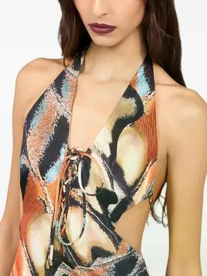 Roberto Cavalli Butterfly Print Lace-up Maxi Dress