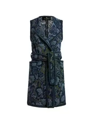 Etro Long Waistcoat In Cotton-blend Bouclé Jacquard With Floral Motif - Blue