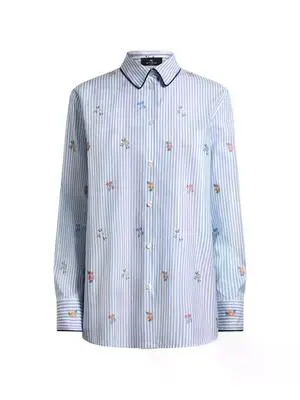 Etro Striped Cotton Jacquard Shirt With Fil Coupé Flower Motif And Velvet Trim - Blue