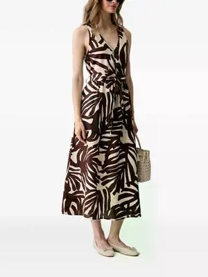 BENETTON Leaf-print Belted V-neck Dress