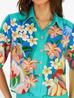 Farm Rio Garden Of Life Cropped Floral Shirt - Blue