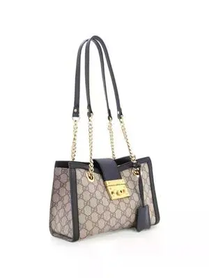Gucci Padlock Chain Tote Gg Coated Canvas Leather Small Shoulder Bag - Black