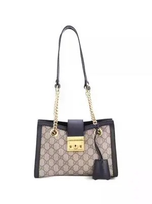 Gucci Padlock Chain Tote Gg Coated Canvas Leather Small Shoulder Bag - Black