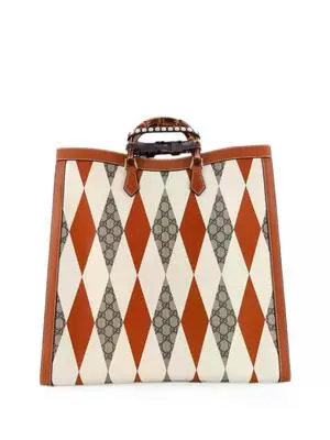 Gucci Diana Nm Bamboo Handle Rhombus Gg Coated Canvas With Leather Large Tote Bag - Brown