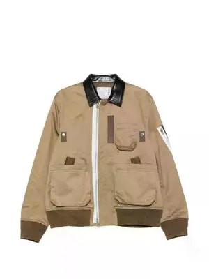 Sacai Zip-up Leather Collar Jacket - Neutrals
