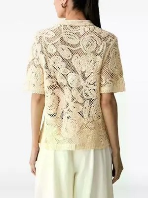 BENETTON Crochet Knit Floral Pattern Short Sleeve Shirt
